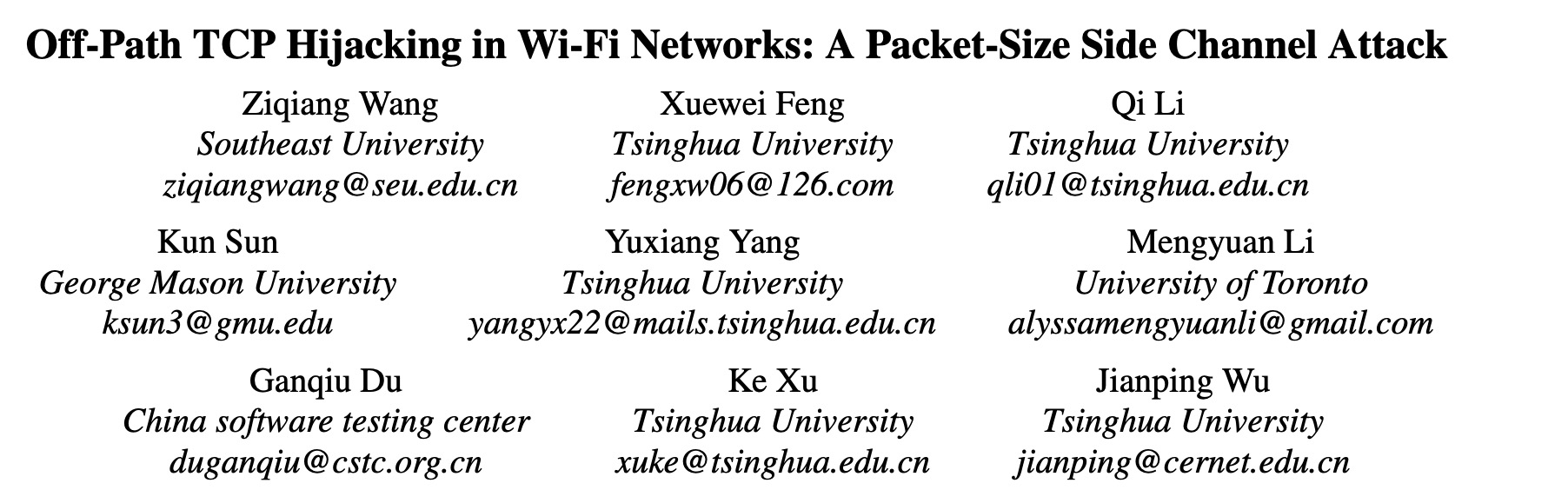 Off-Path TCP Hijacking in Wi-Fi Networks: A Packet-Size Side Channel Attack | Yuxiang Yang